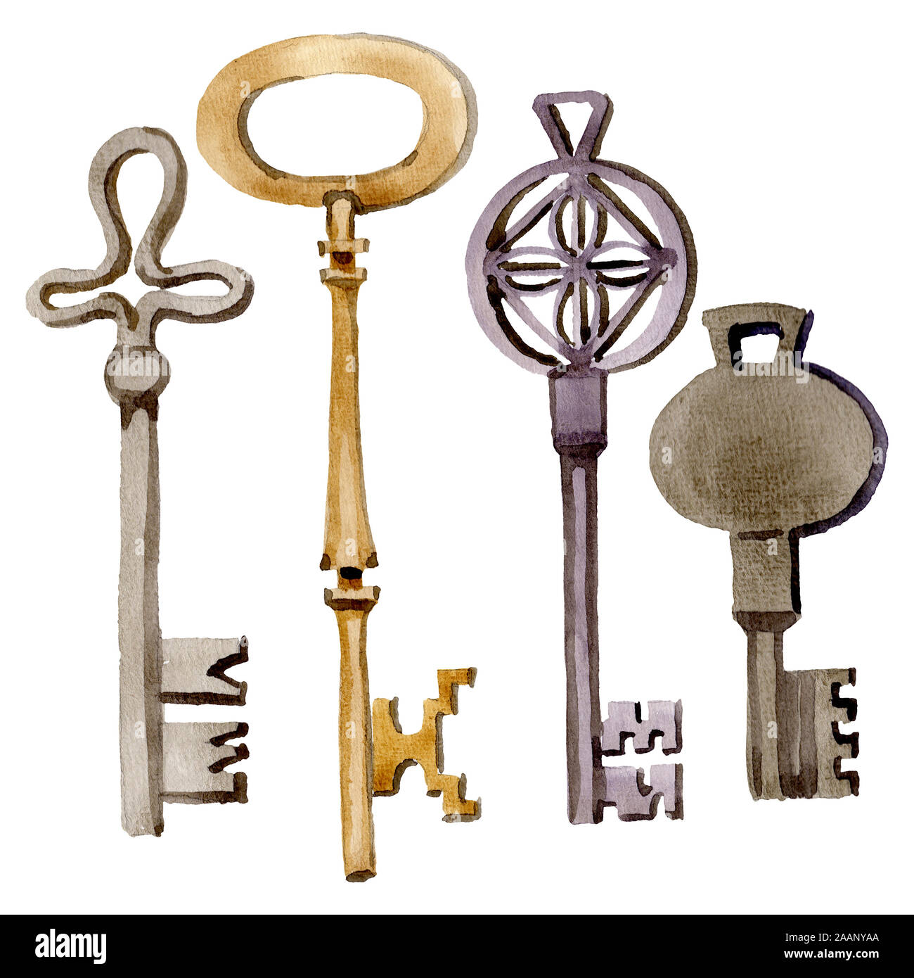 Isolated old key illustration element. Watercolor background ...
