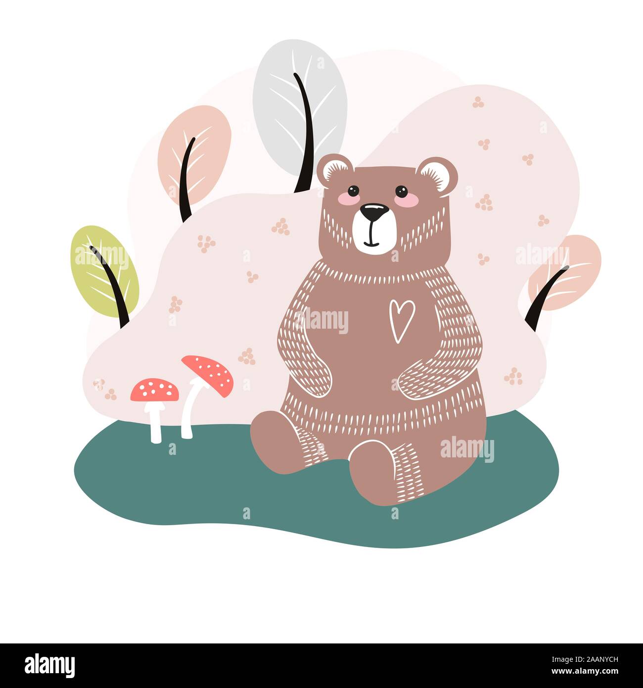 Cute bear on a background of trees. Hand drawn illustration in ...
