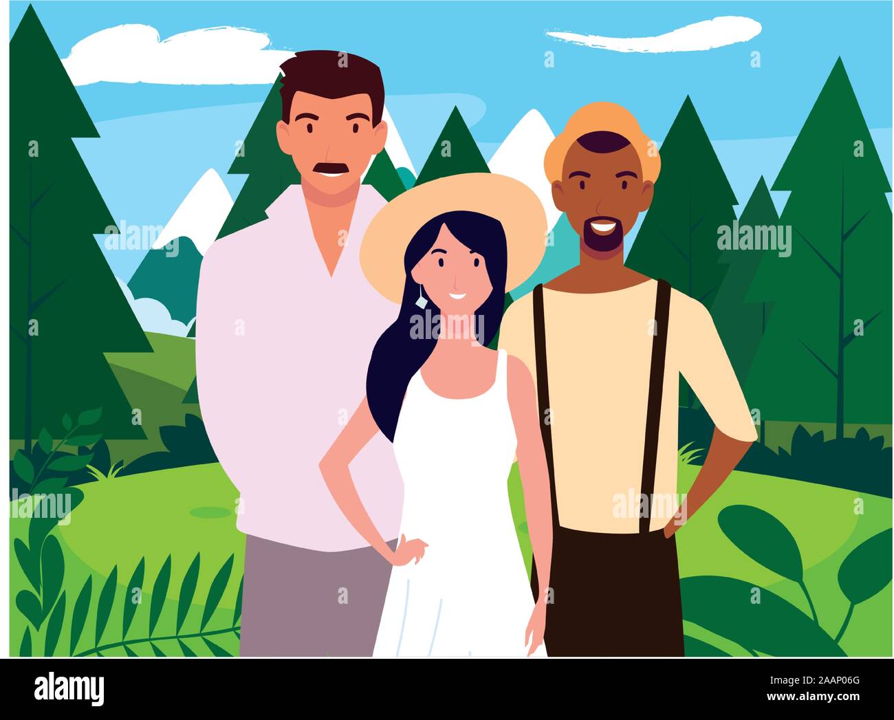 group of people with background landscape vector illustration design ...
