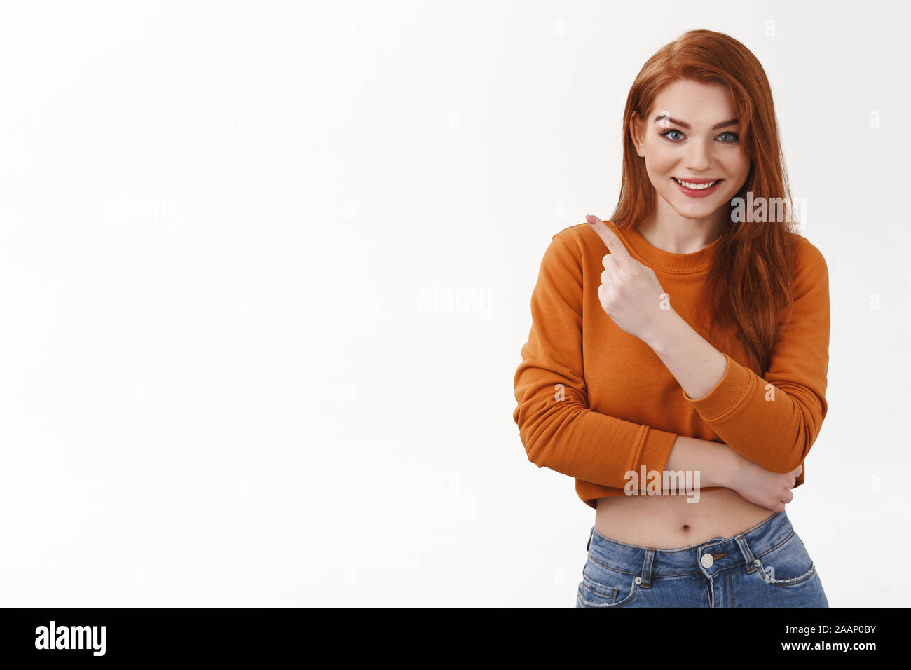 Sassy cute flirty redhead silly woman wear makeup lipstick pointing ...