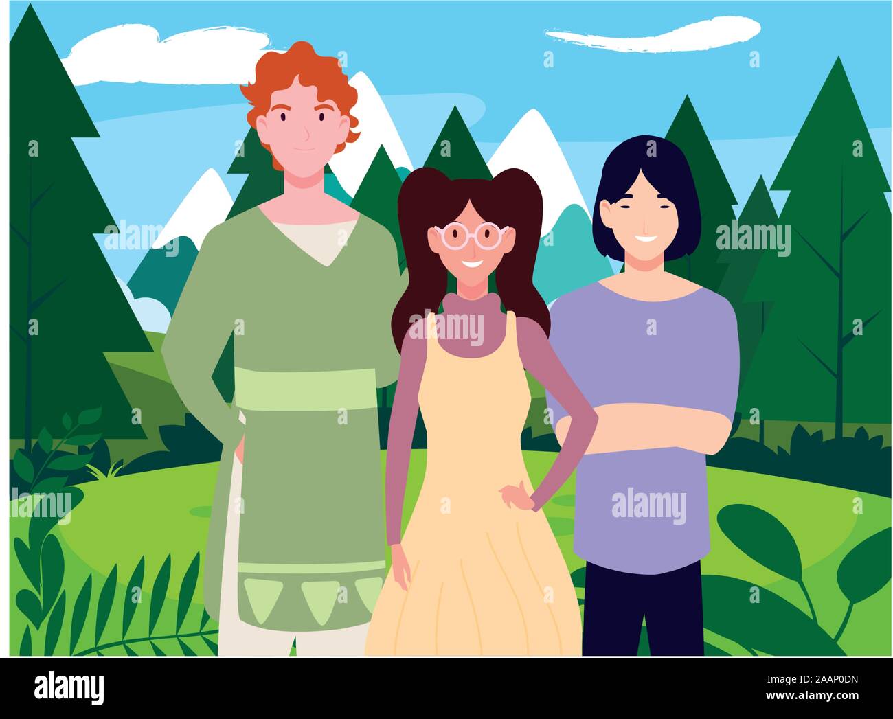 group of people with background landscape vector illustration design ...