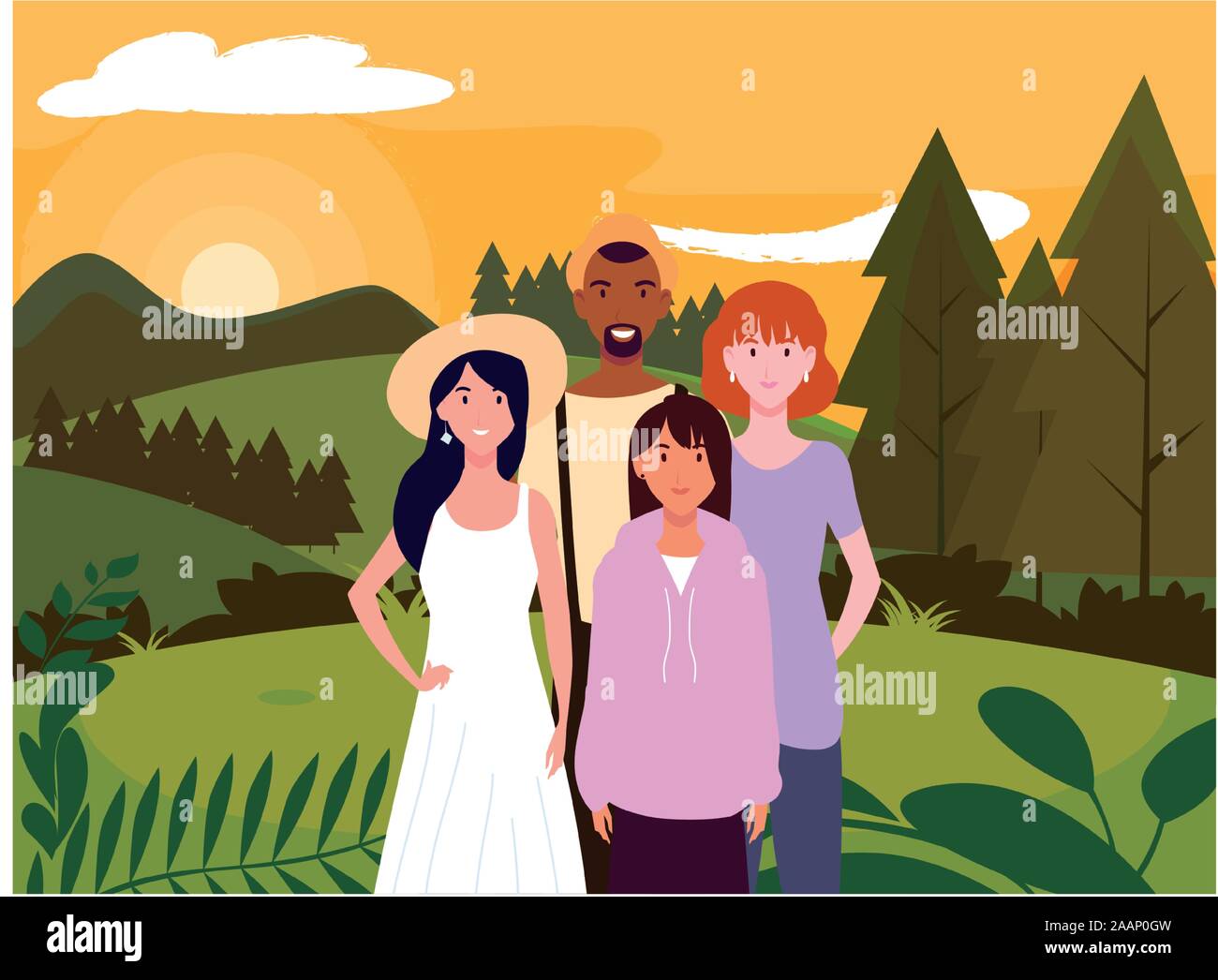 group of people with background landscape vector illustration design ...