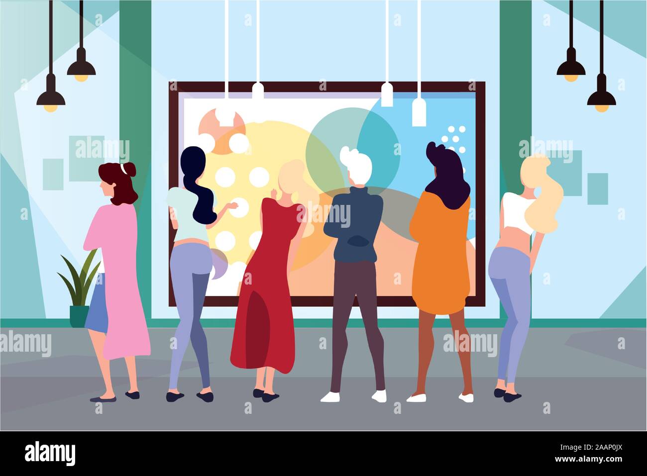 group of people in contemporary art gallery, exhibition visitors ...