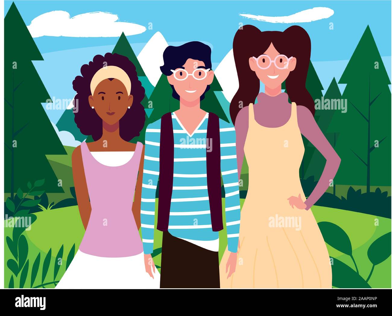 group of people with background landscape vector illustration design ...
