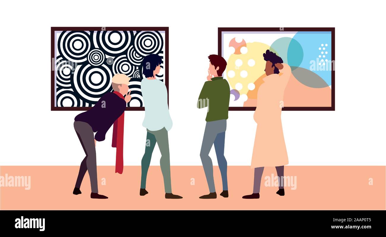 men in contemporary art gallery, exhibition visitors viewing modern ...