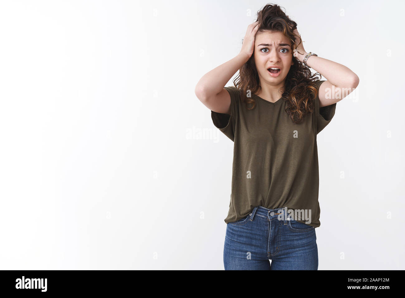 Girl start panic worried nothing prepared in time, standing shocked ...