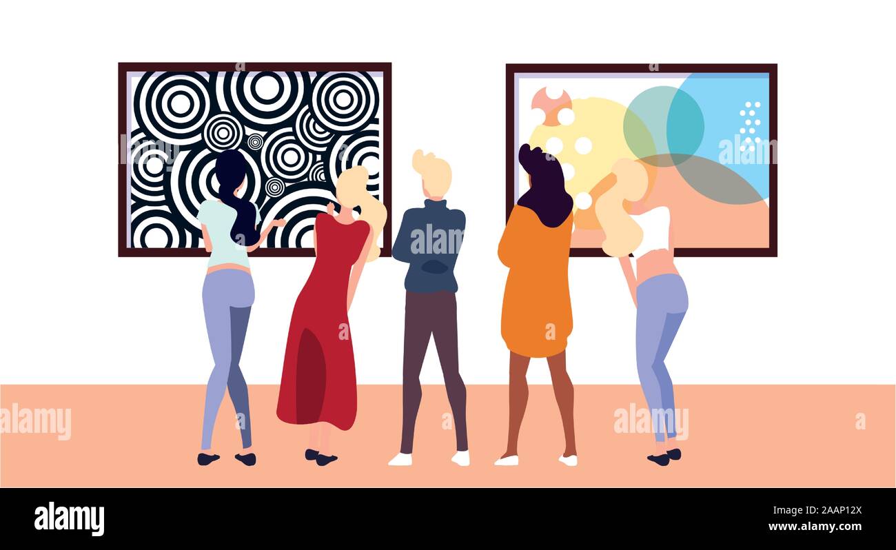 group of people in contemporary art gallery, exhibition visitors ...