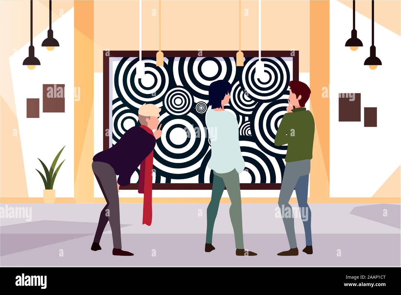 men in contemporary art gallery, exhibition visitors viewing modern ...