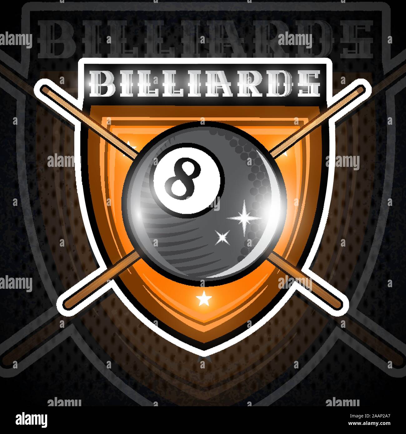 Billiard ball with crossed billiard cue in center of shield. Sport logo ...