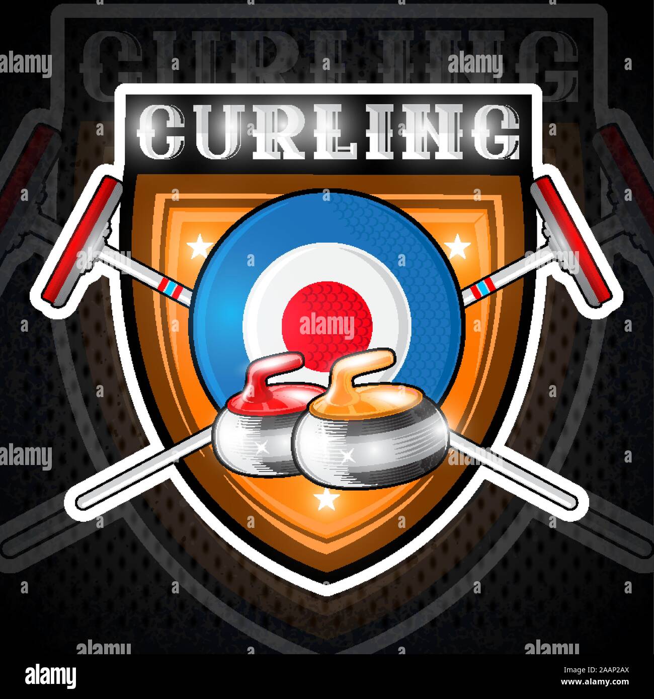 Curling red and yellow stones on target with crossed brush for curling ...