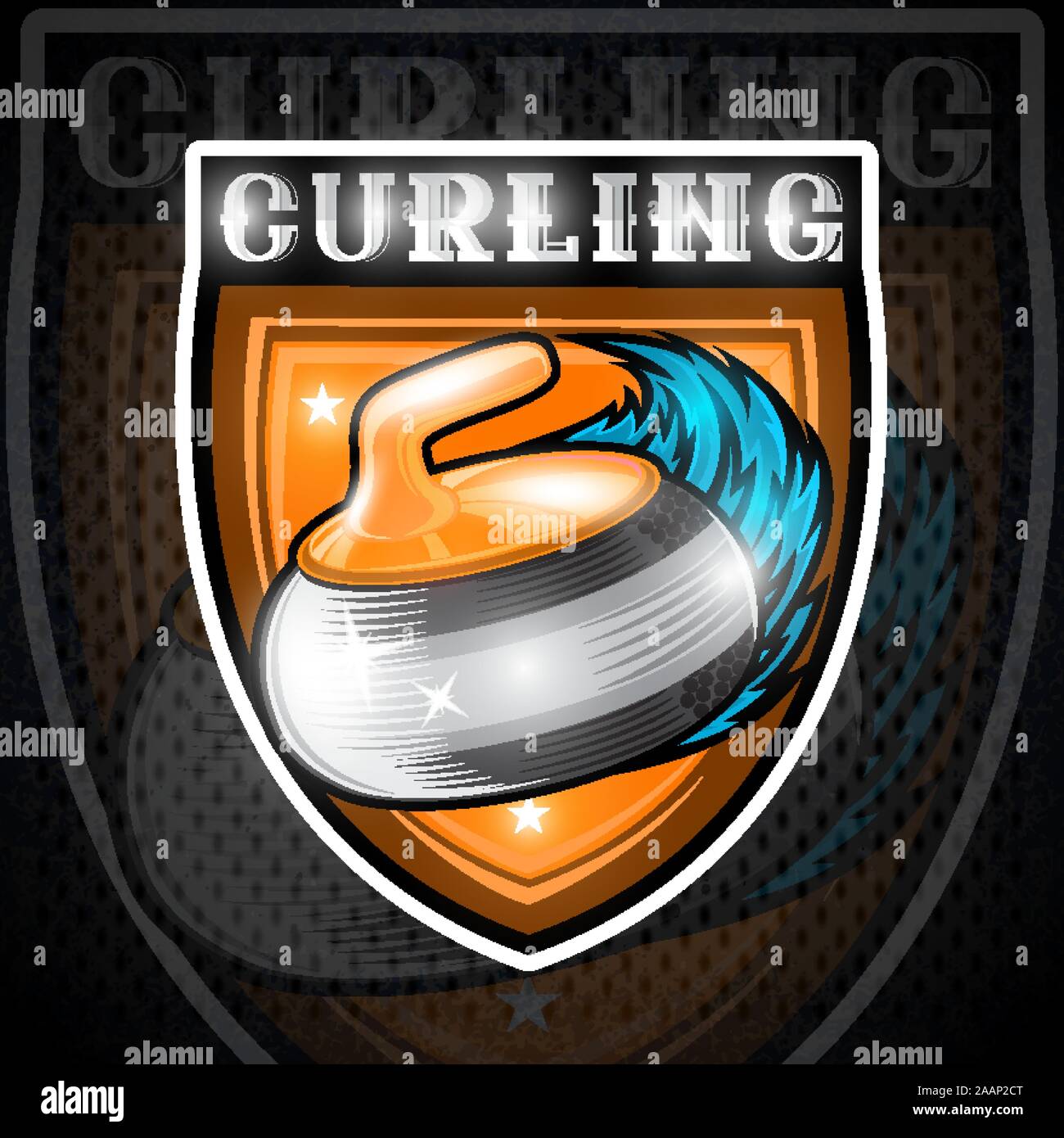 Curling yellow stone with blue wind or ice trail in center of shield ...