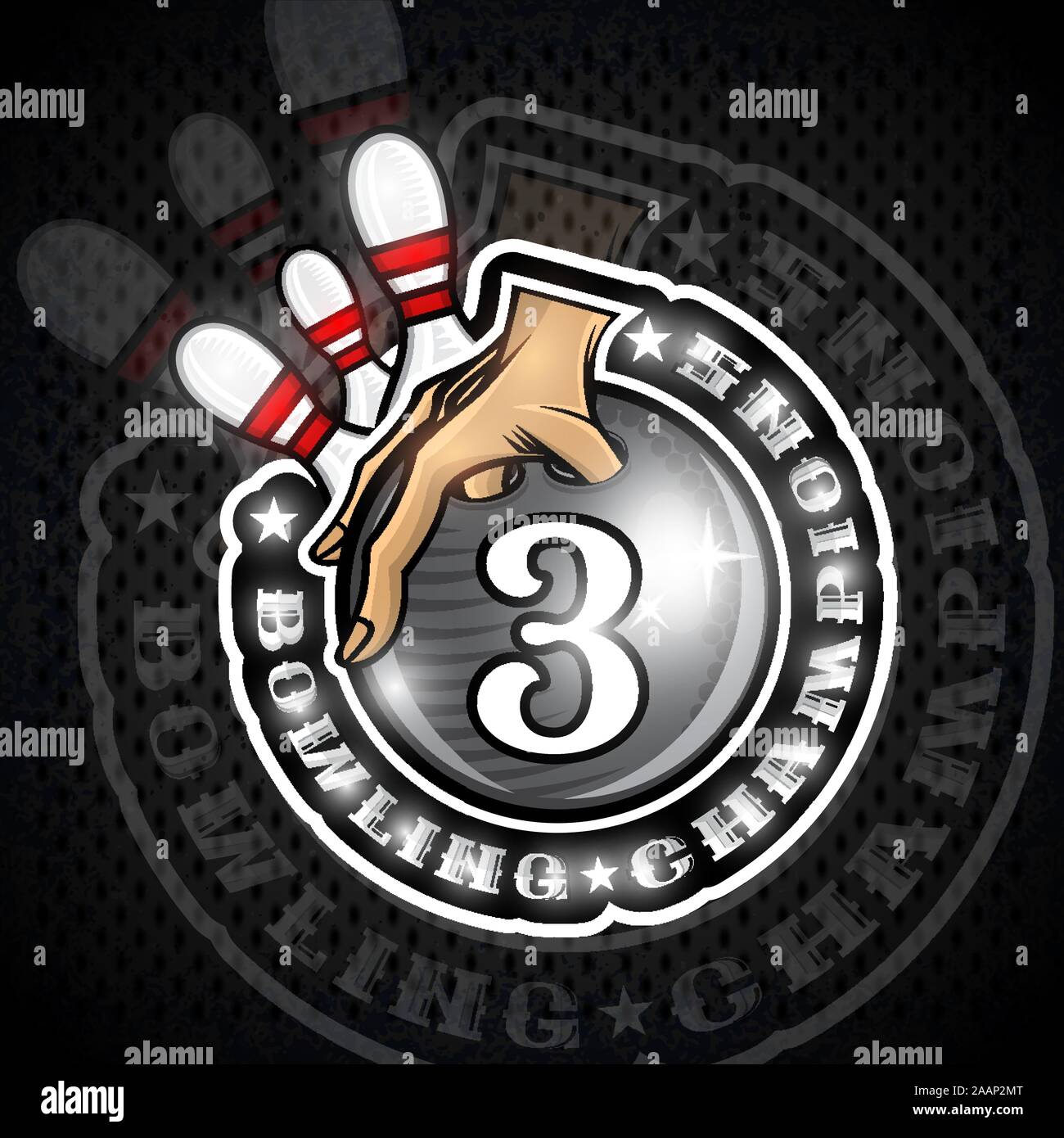 Hand hold bowling ball with number three in center and skittles. Sport ...