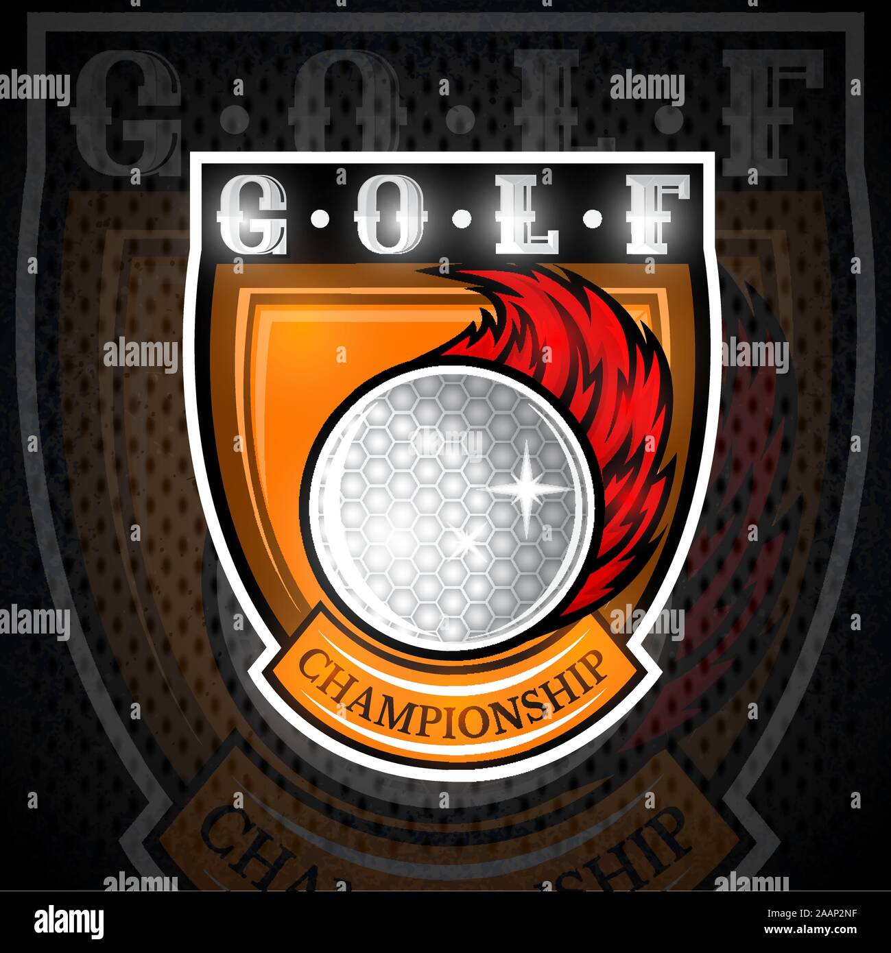 Golf ball with red fire trail in center of shield. Sport logo for any ...