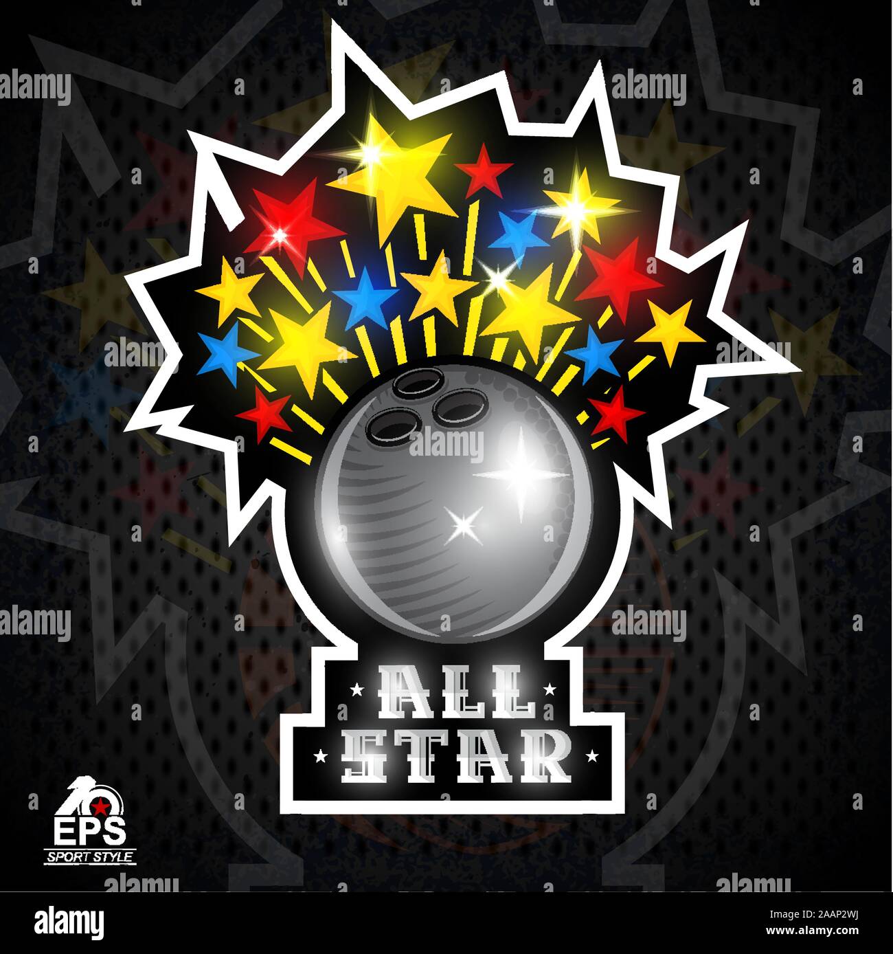 Multicolored stars fly out from bowling ball with text all star. Vector ...
