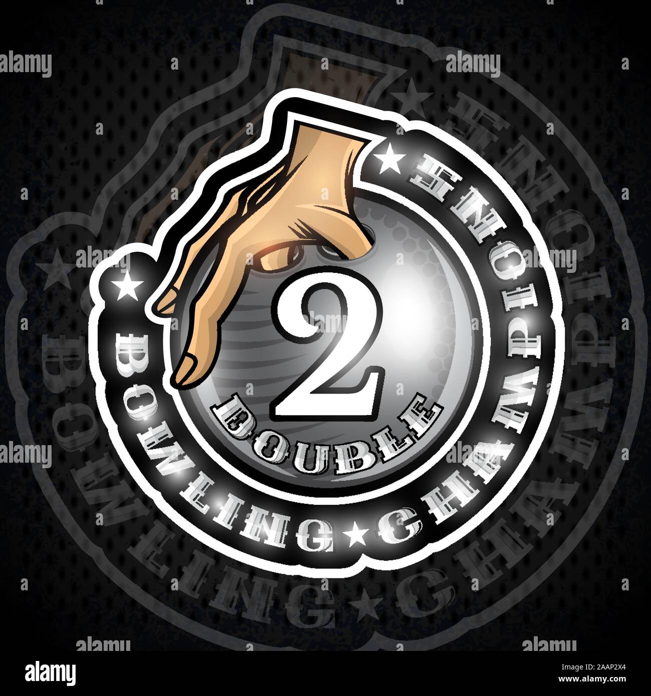 Hand hold bowling ball with number two in center. Sport round logo for ...