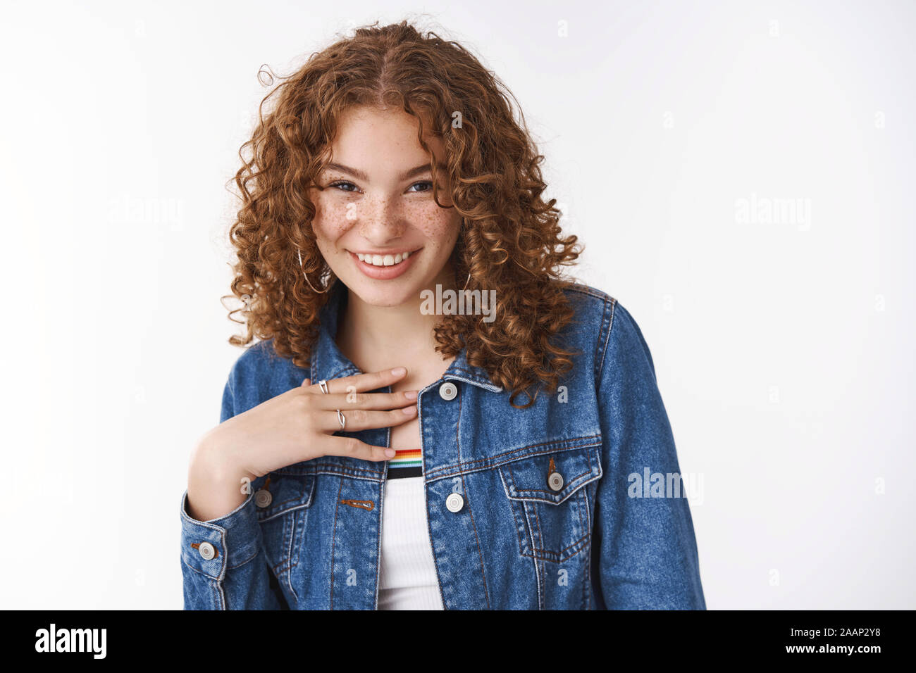 Girl receive nice heartwarming gift thanking look pleased happy smiling ...