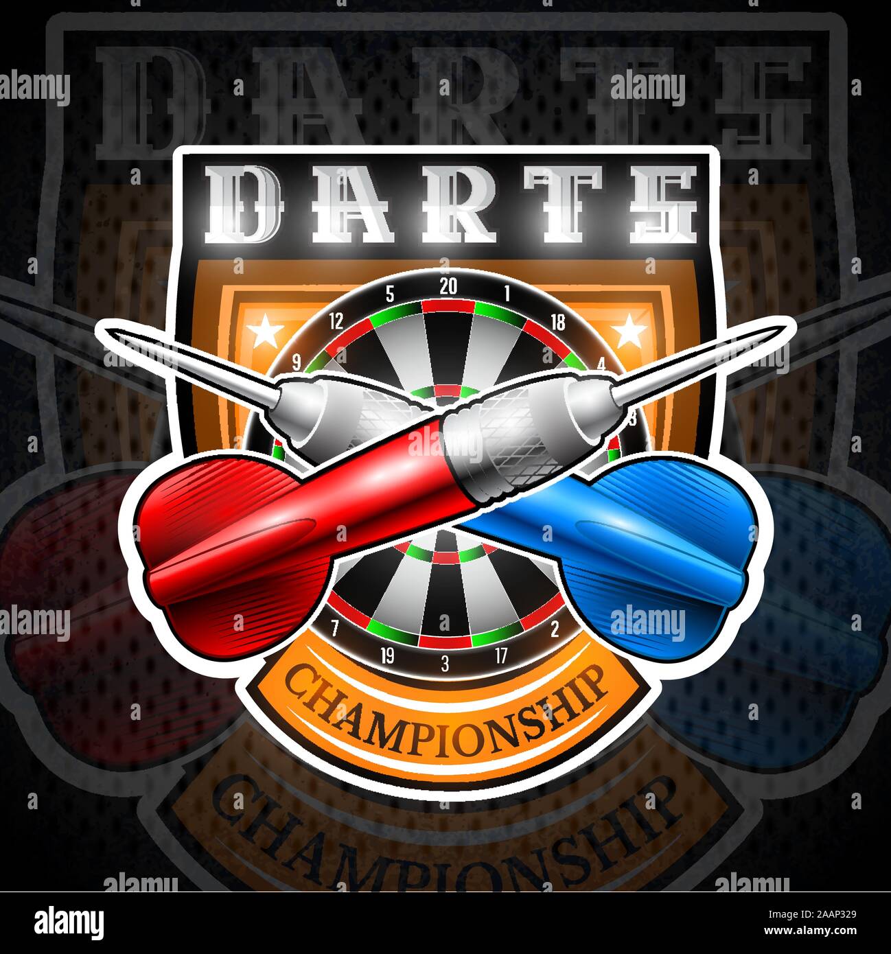 Red and blue darts crossed with round target in center of shield. Sport ...