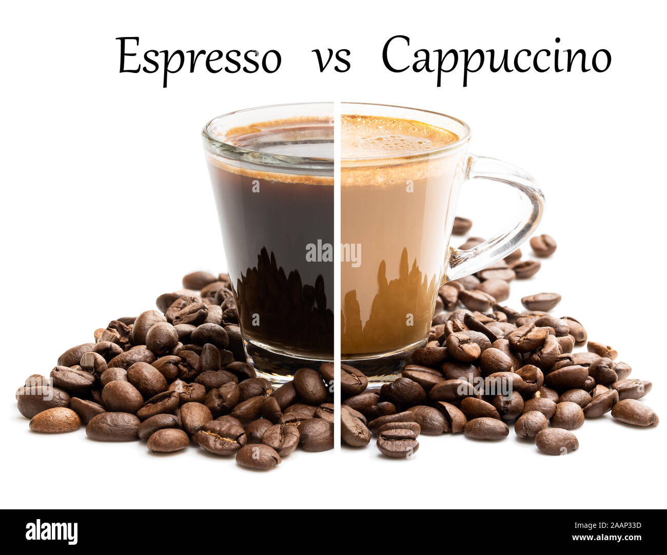 Cup split in half. Tough choice espresso vs cappuccino concept Stock ...