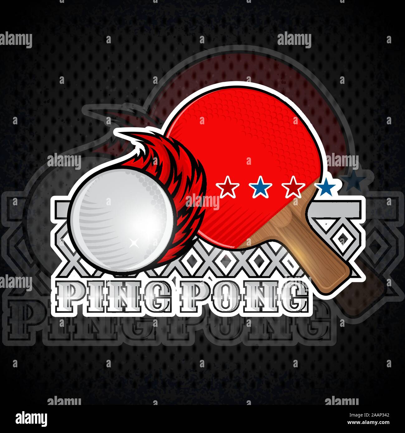 Red ping pong racket and ball with fire trail and net. Sport logo for ...