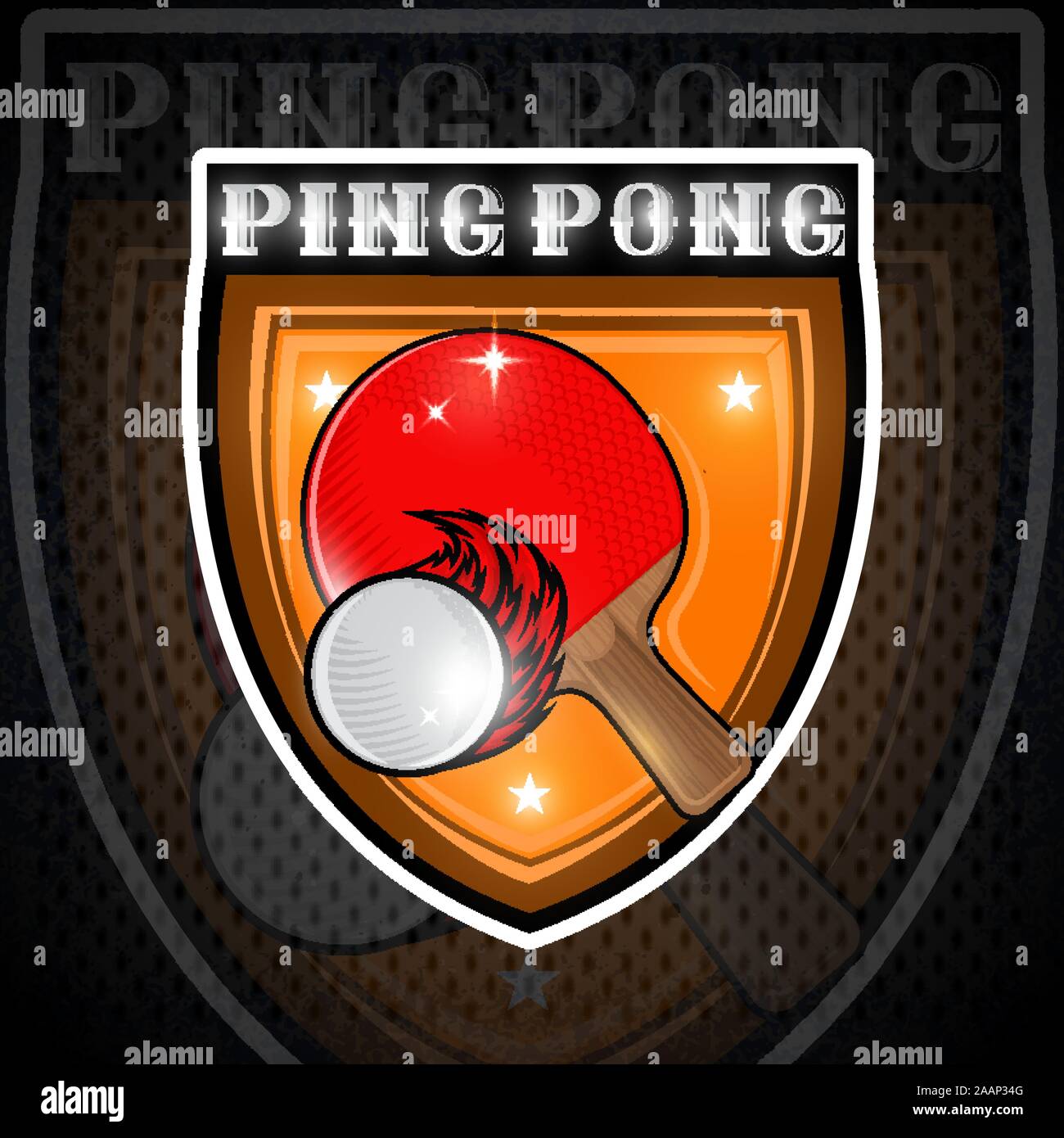 Red ping pong racket with fire ball in center of shield. Sport logo for ...
