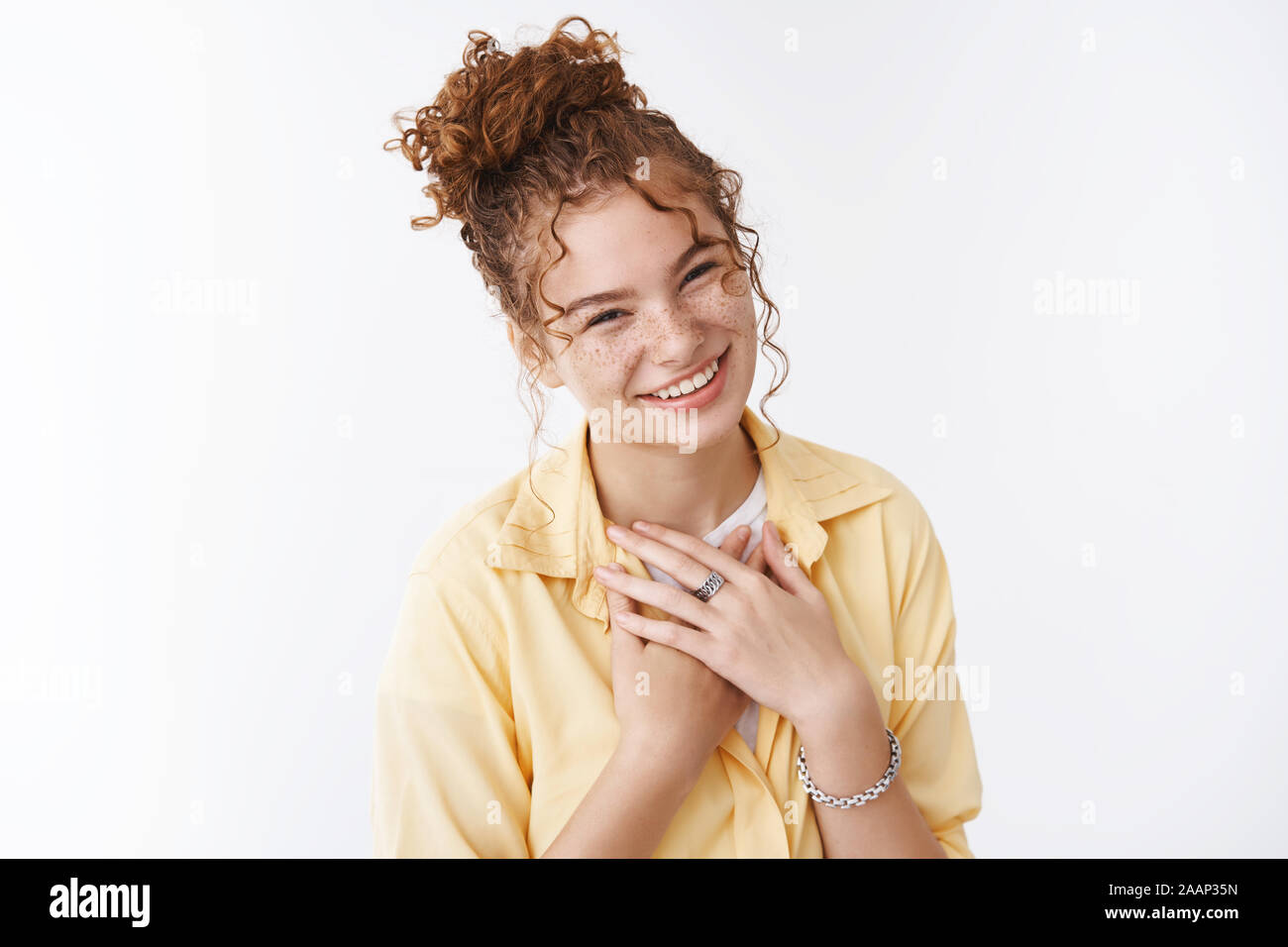 Cute charming tender european ginger girl student curly messy bun ...
