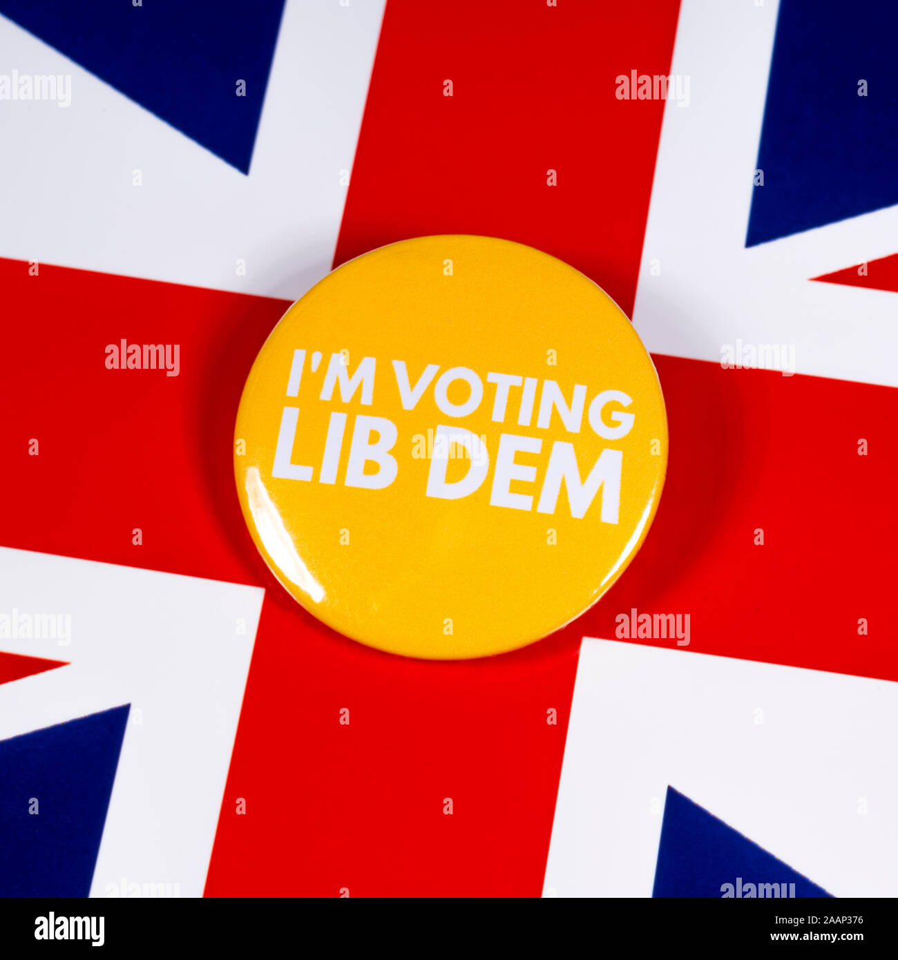 London, UK - November 21st 2019: I’m Voting Lib Dem pin badge, pictured ...