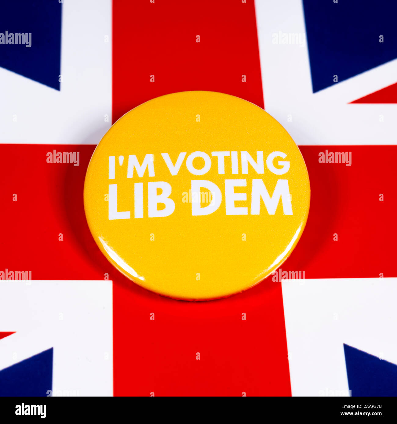 London, UK - November 21st 2019: I’m Voting Lib Dem pin badge, pictured ...