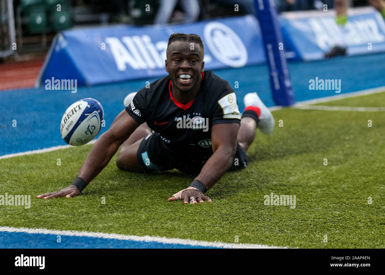 Saracens' Rotimi Segun scores their second try during the Heineken ...