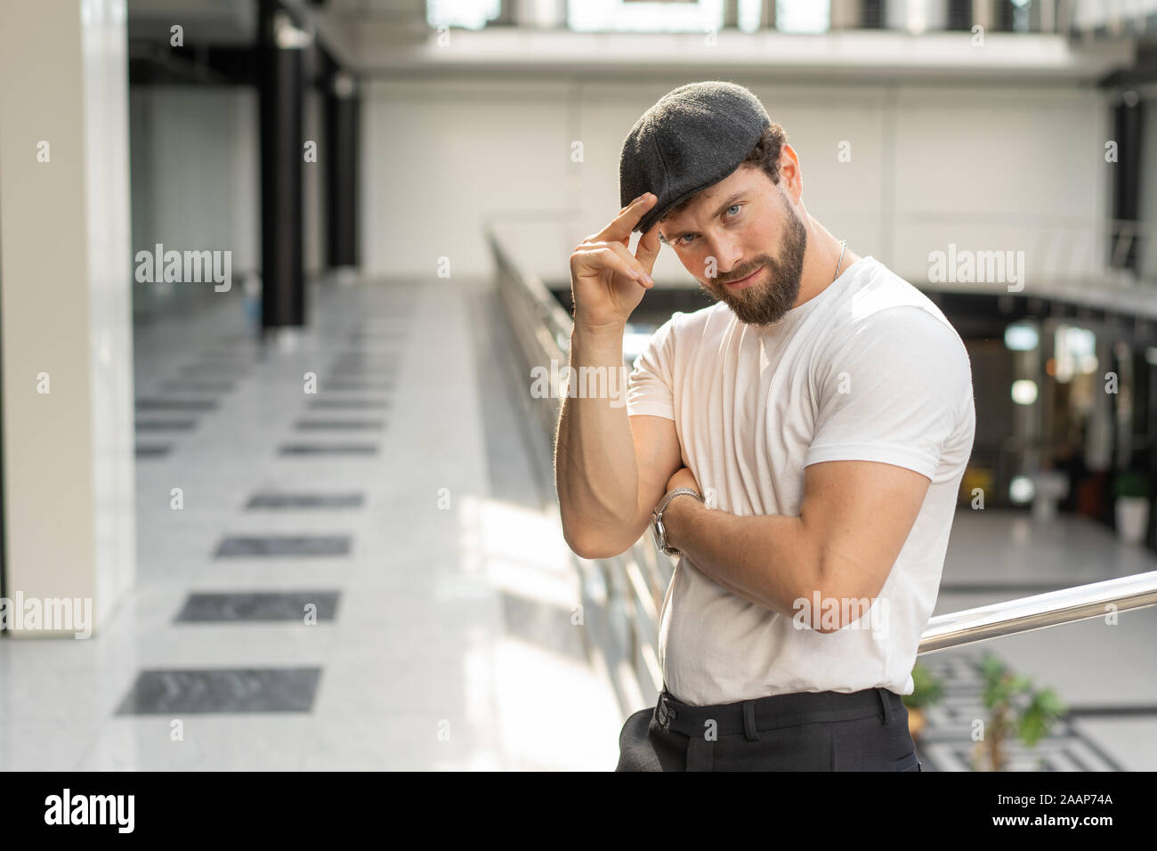 man with visor on the head think about something good Stock Photo - Alamy