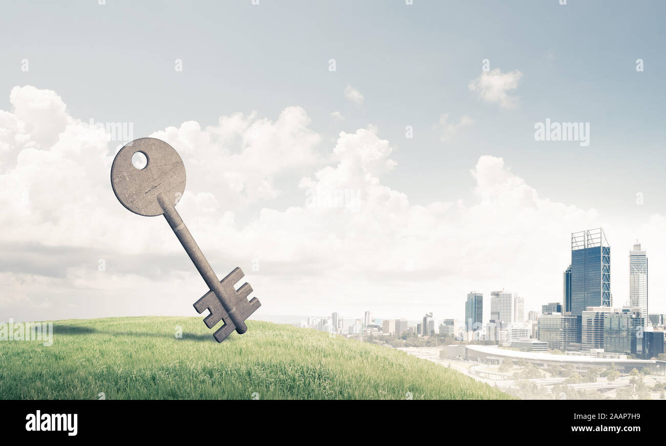 Conceptual background image of concrete key sign and natural landscape ...