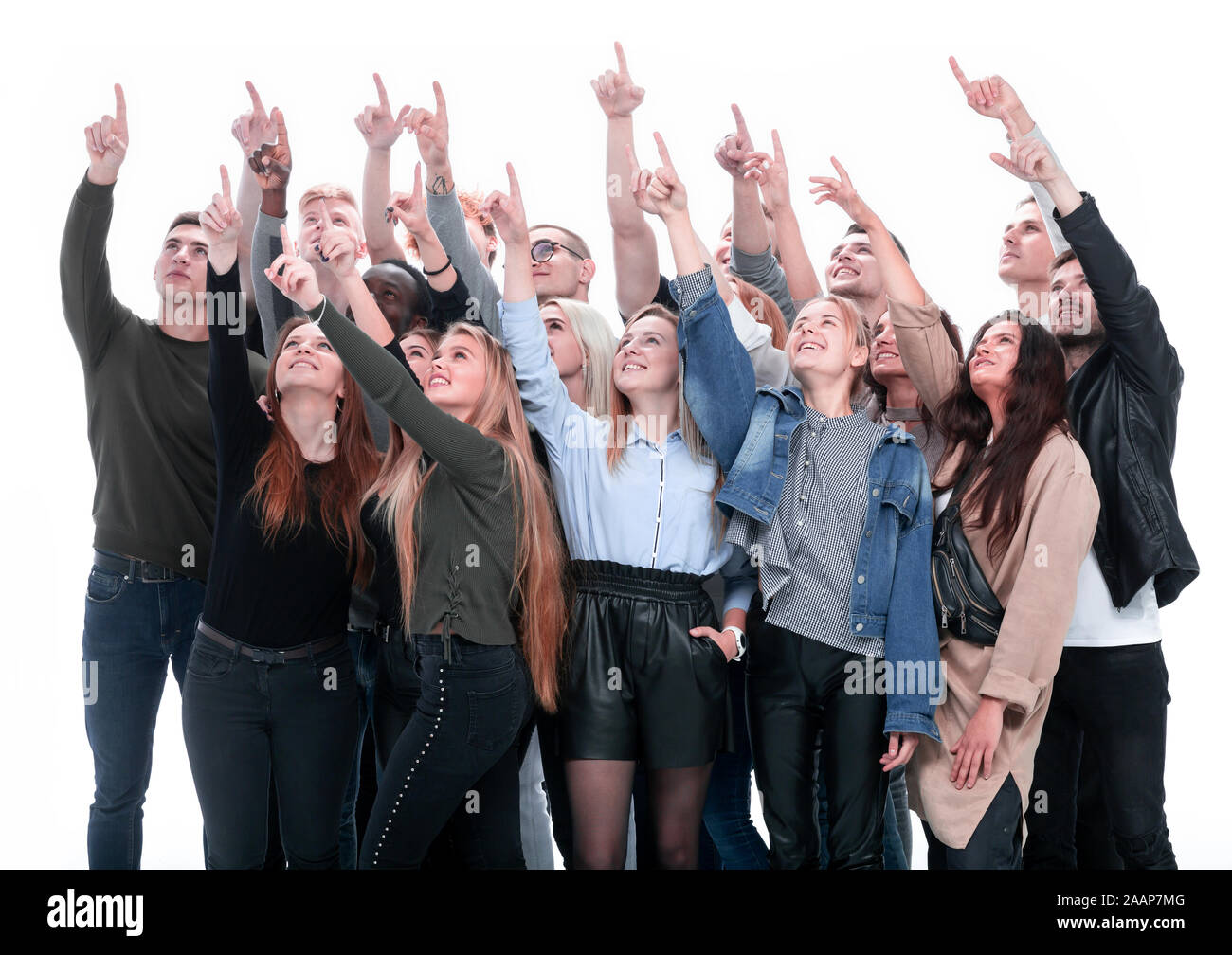 group of young people pointing at one point Stock Photo - Alamy