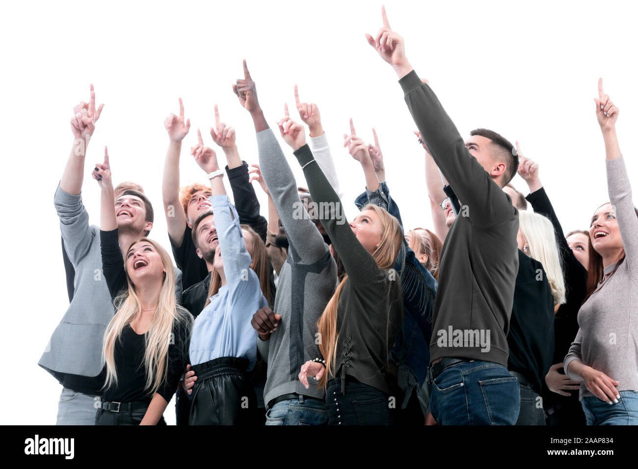 group of young people pointing up . isolated on white Stock Photo - Alamy