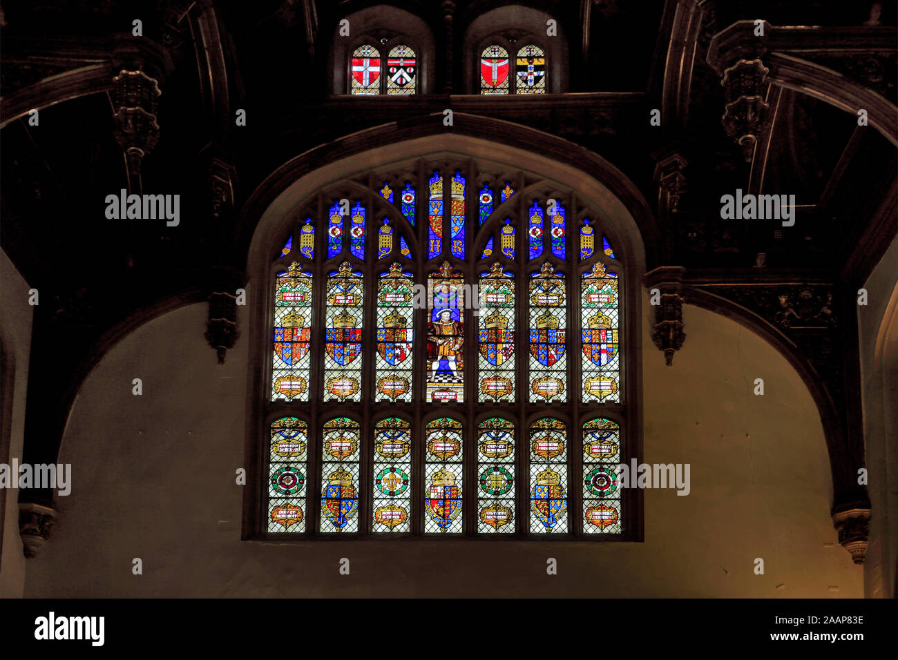 Stained glass window in the chaple, Hampton Court Palace, a royal ...