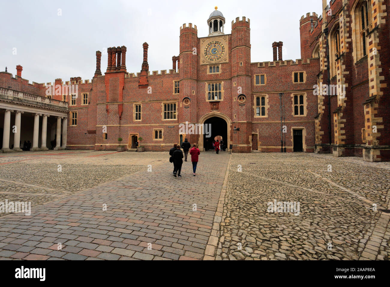 View of Clock Court, Hampton Court Palace, a royal palace in the ...