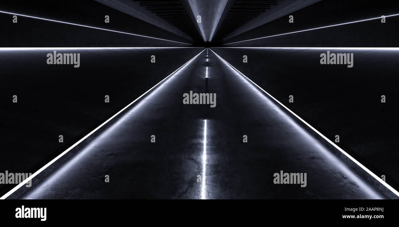 Dark and eerie urban highway at night low key blue light 3d render ...