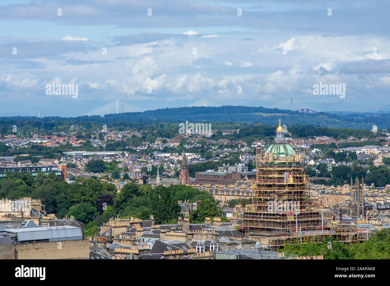 View across Edinburgh towards the Forth bridges from Edinburgh castle ...