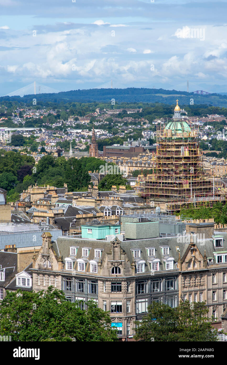 View across Edinburgh towards the Forth bridges from Edinburgh castle ...