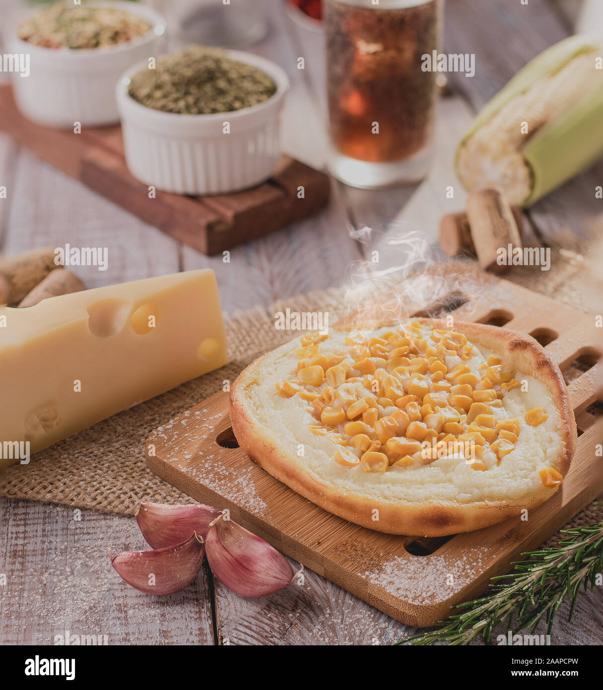 Traditional Arabic esfiha of corn and open cheese (brazil Stock Photo ...