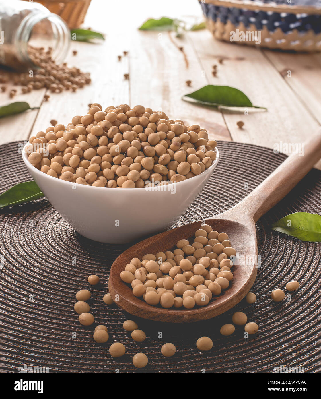 Soya beans inside a white container Stock Photo - Alamy