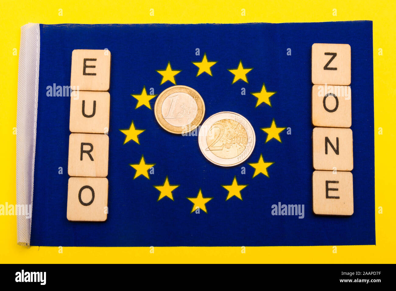 European union concept showing the flag of the EU on a yellow ...