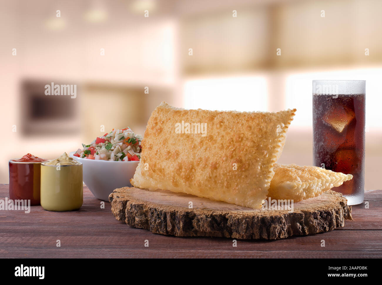 Traditional Brazilian pastry (pastel) with vinaigrette and soda Stock ...