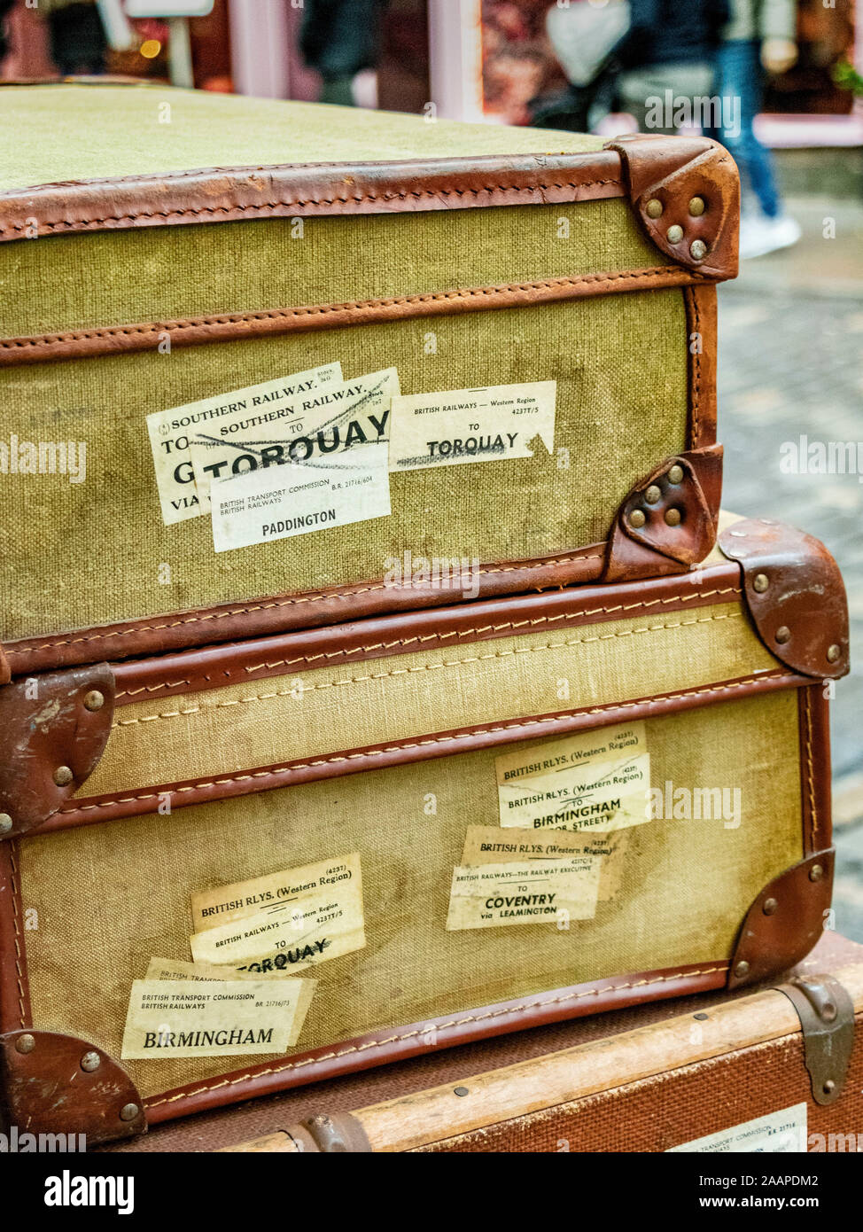 stack of old railway steamer trunks with railway station destination ...