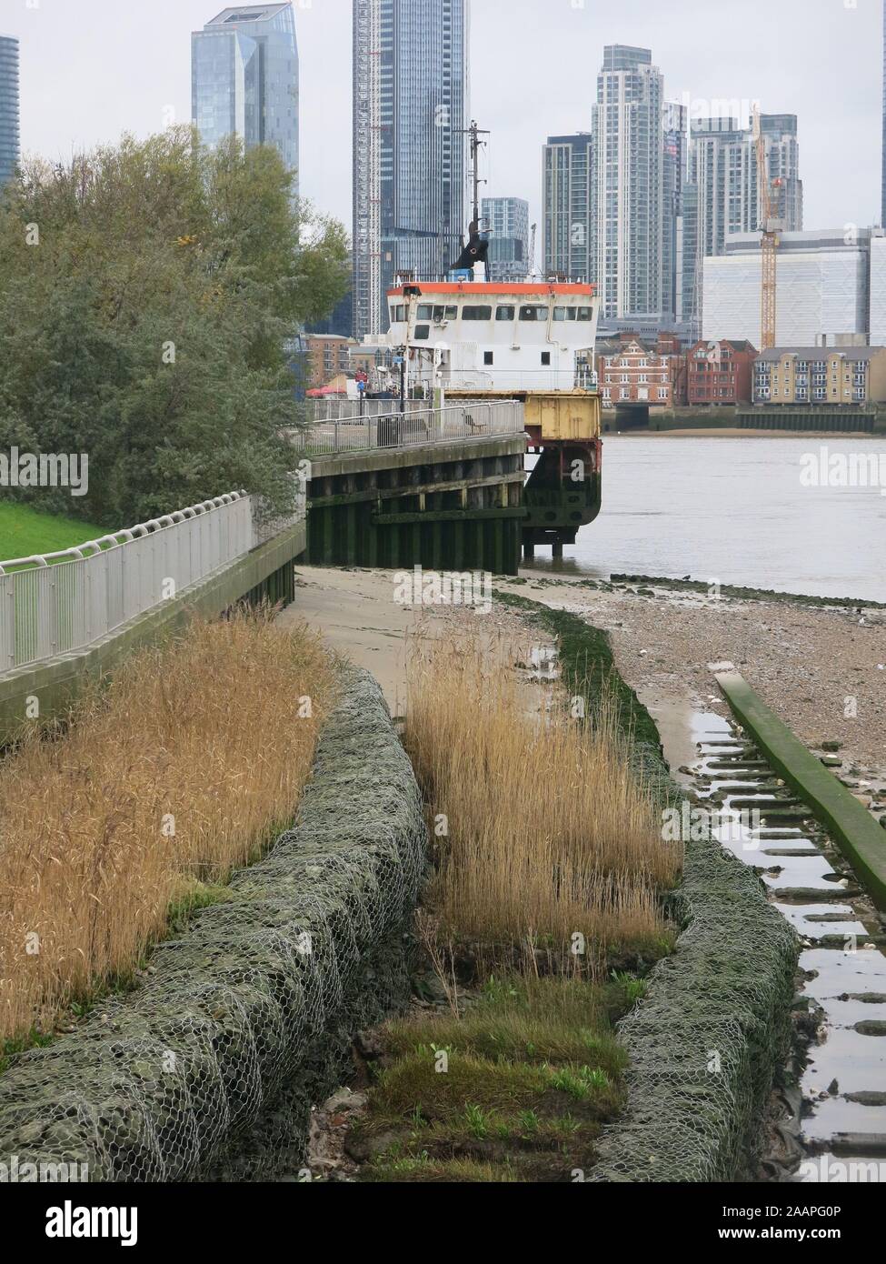 View from the Thames Pathway in Greenwich looking across the river ...