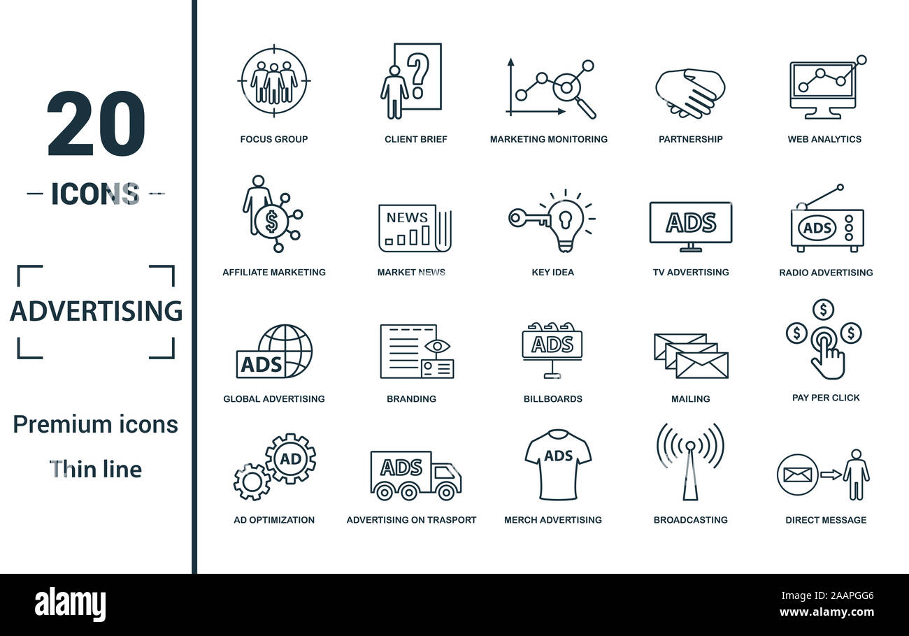Advertising icon set. Include creative elements focus group, marketing ...