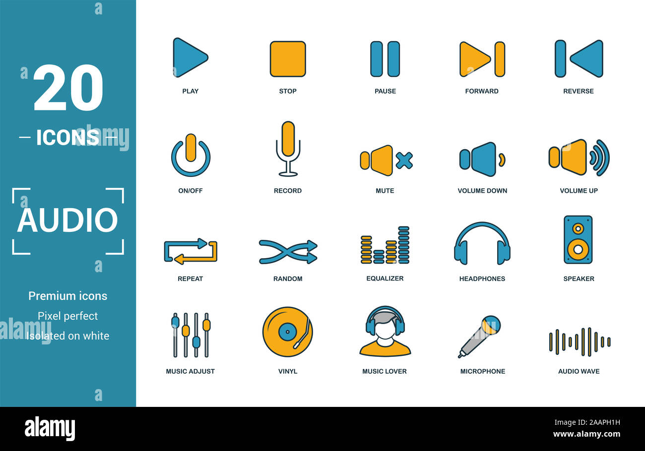 Audio Buttons icon set. Include creative elements play, pause, on off ...