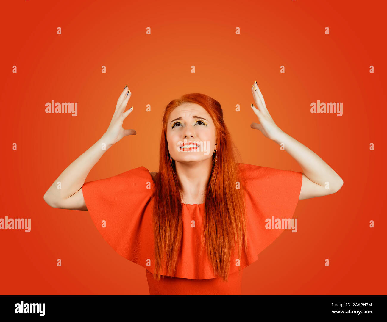 Portrait angry upset woman screaming crying looking up hysterical face ...