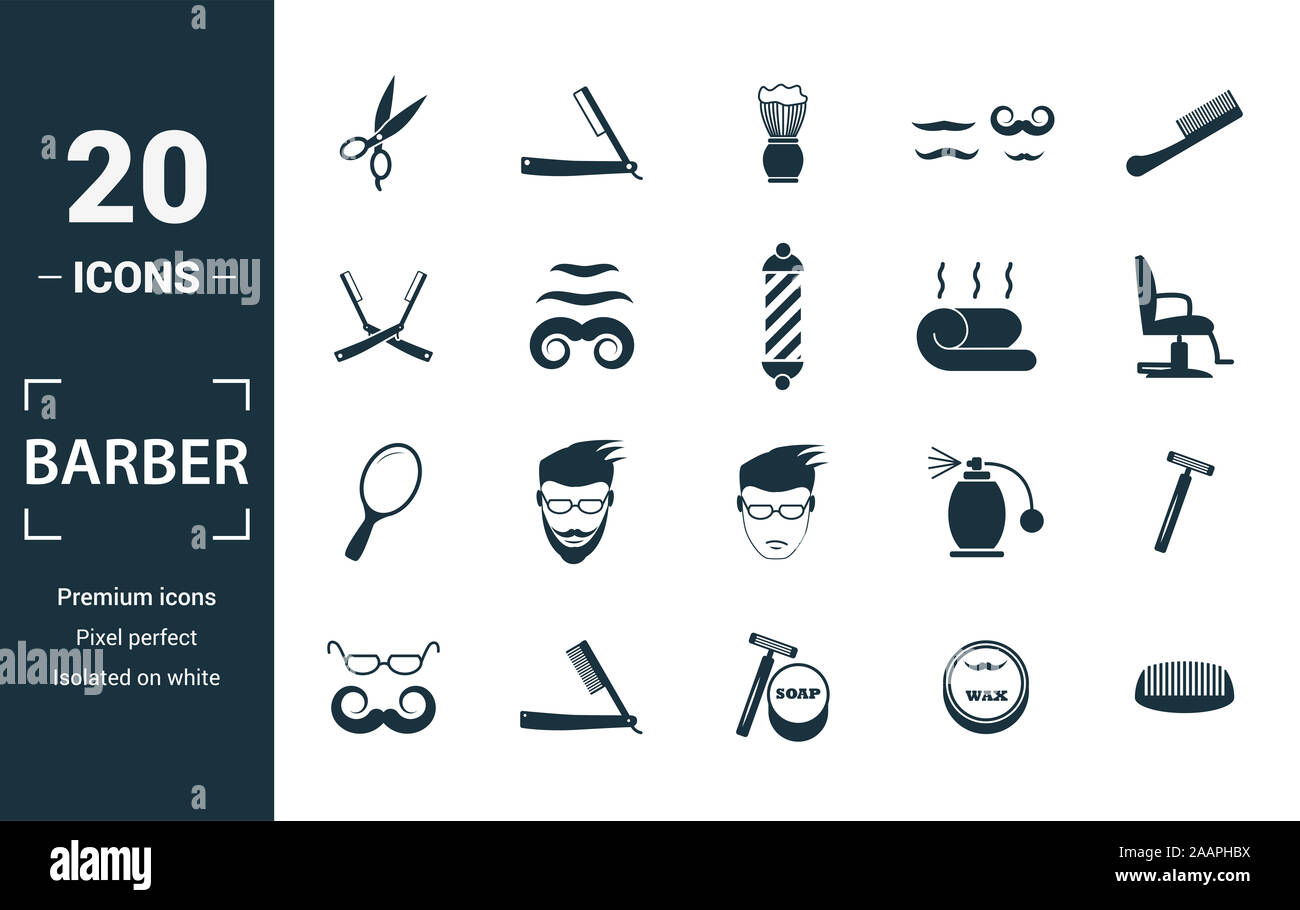 Barber Shop icon set. Include creative elements scissors, foam brush ...