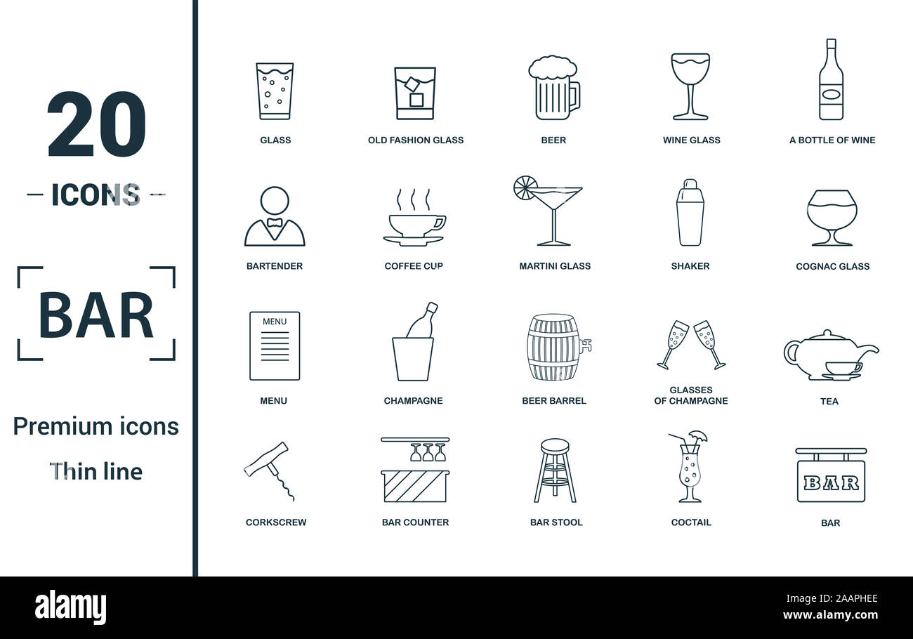 Bar - Restorant icon set. Include creative elements glass, beer ...