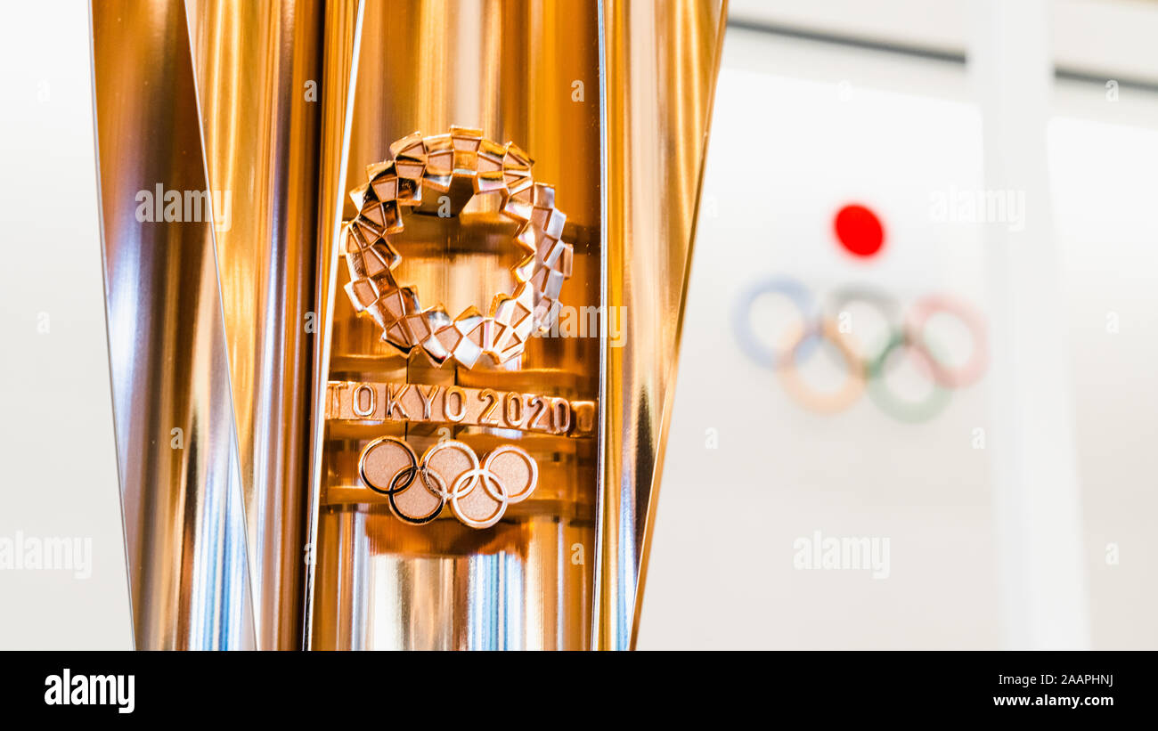 Tokyo, Japan - Nov 1, 2019: Gold trophy cup of Tokyo Summer Olympic ...