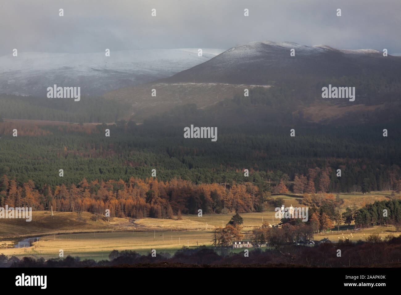Area of Braemar, Scotland. Picturesque winter view of snow approaching ...